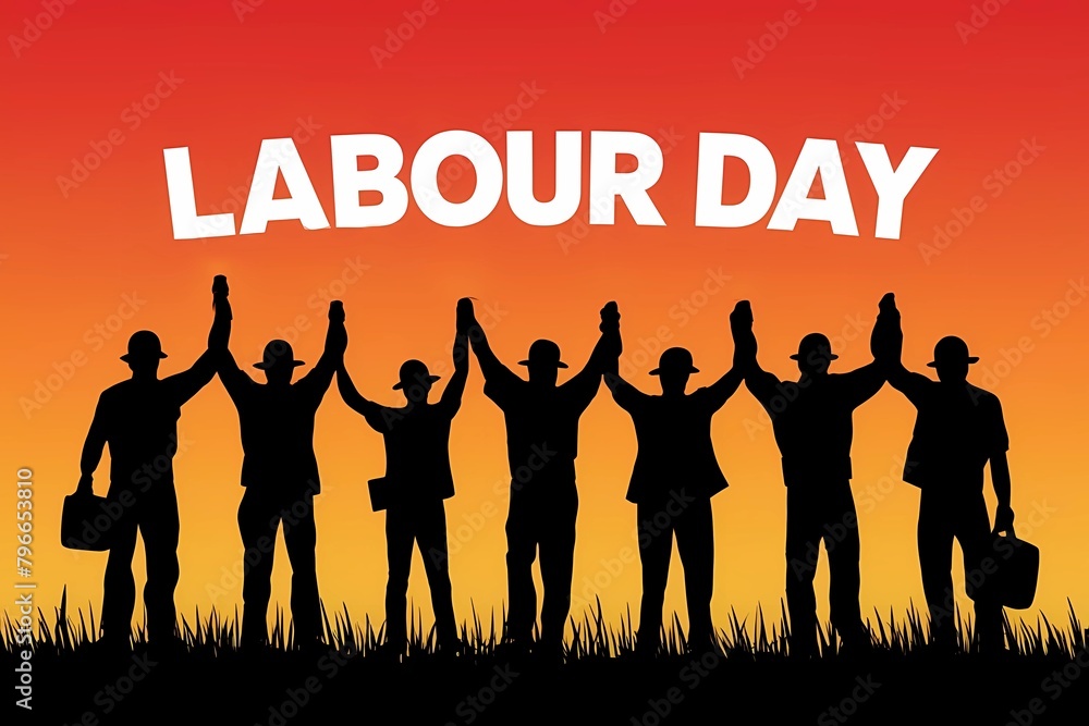Labour Day. Group of labor force with raised hands against sunset ...