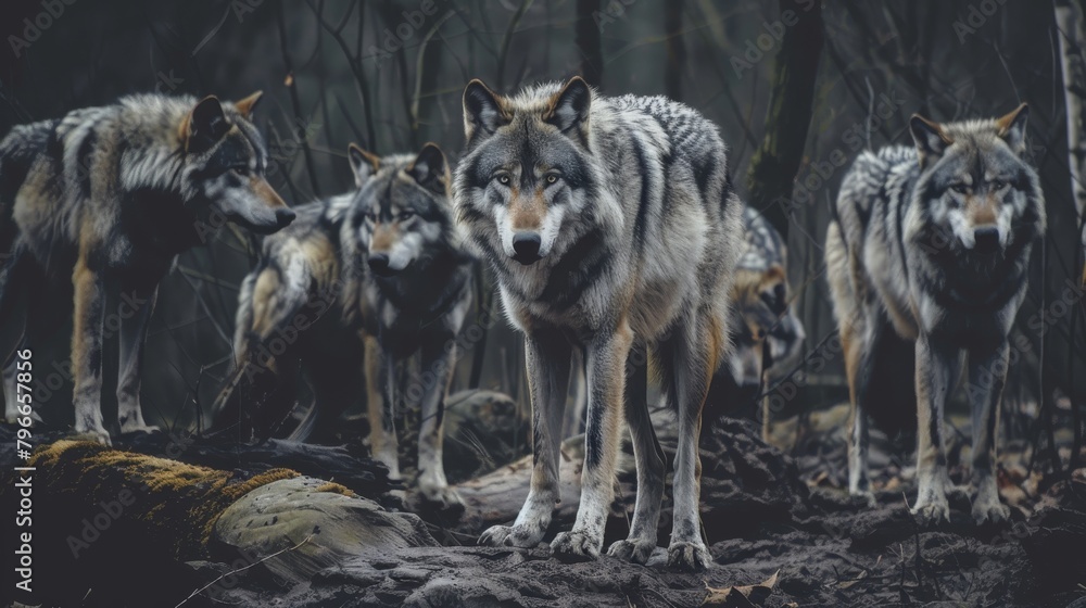 Pack of wolves prowling in dense jungle, alert and vigilant for prey ...