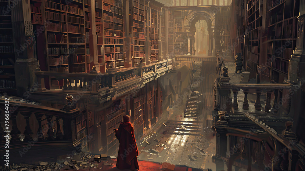 An image set in an ancient, sprawling library with towering bookshelves ...