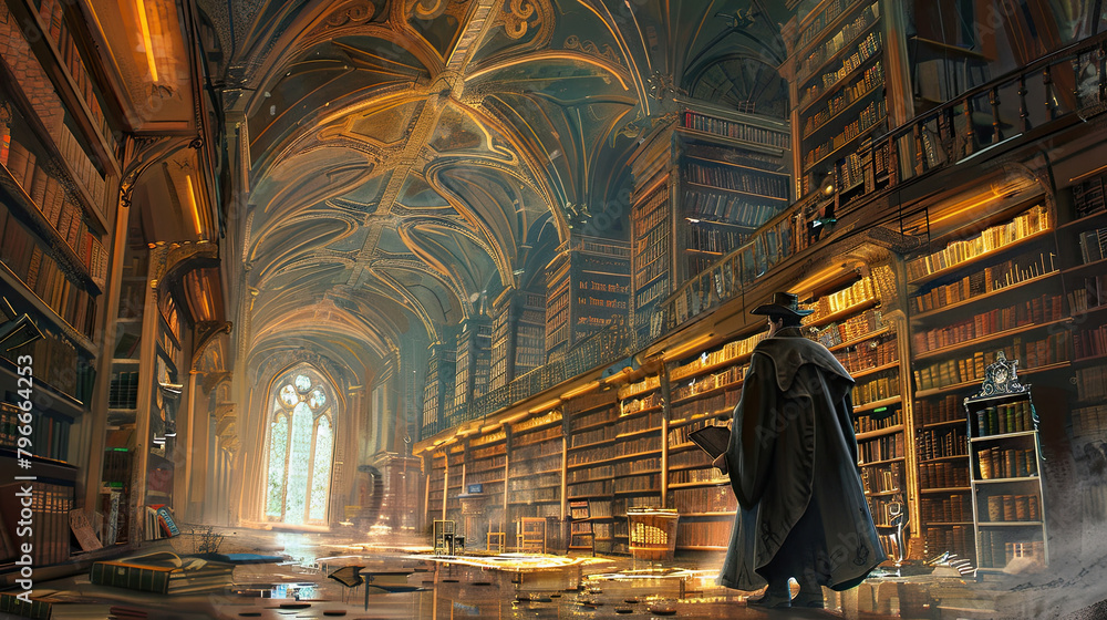 An image set in an ancient, sprawling library with towering bookshelves ...