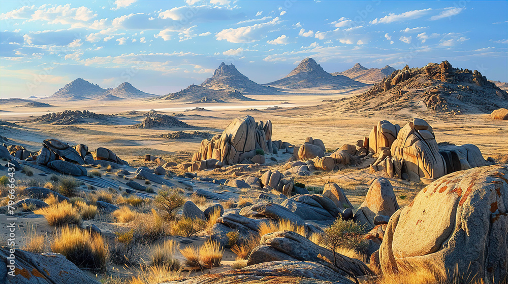 Beautiful African landscape with desert and bald granite peaks inspired ...