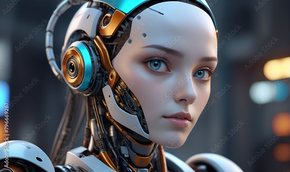 Human-shaped robot, Robot with a female face, Robot with artificial ...