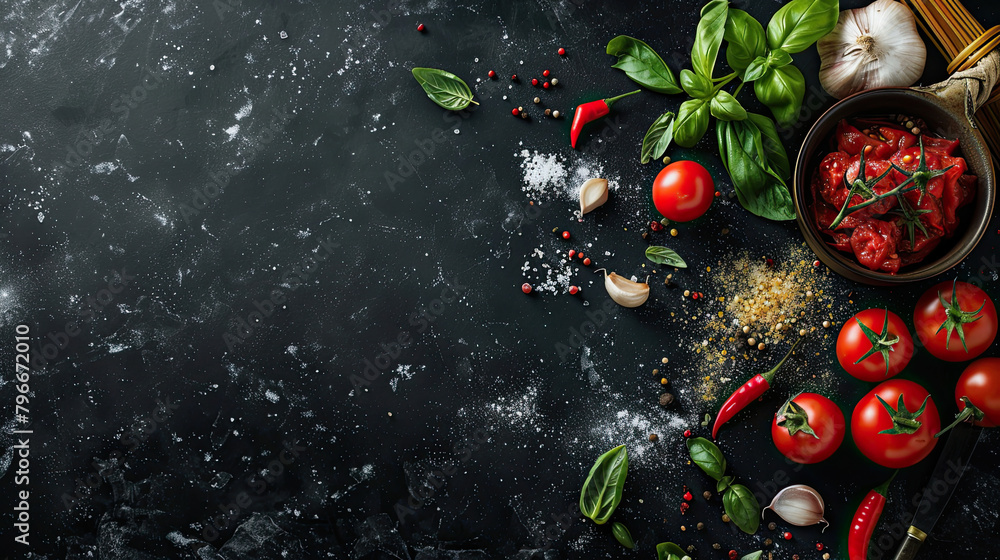 Italian food and ingredients background with, tomatos, garlic, salt ...