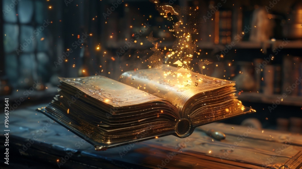 A magical tome floats in midair its pages constantly flipping and ...