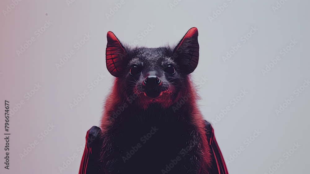 frontal view of a grim looking guam flying fox on white background ...
