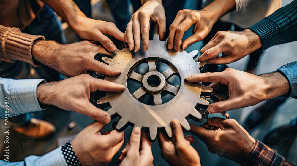 Settings, gear icon and teamwork with business people or team together ...