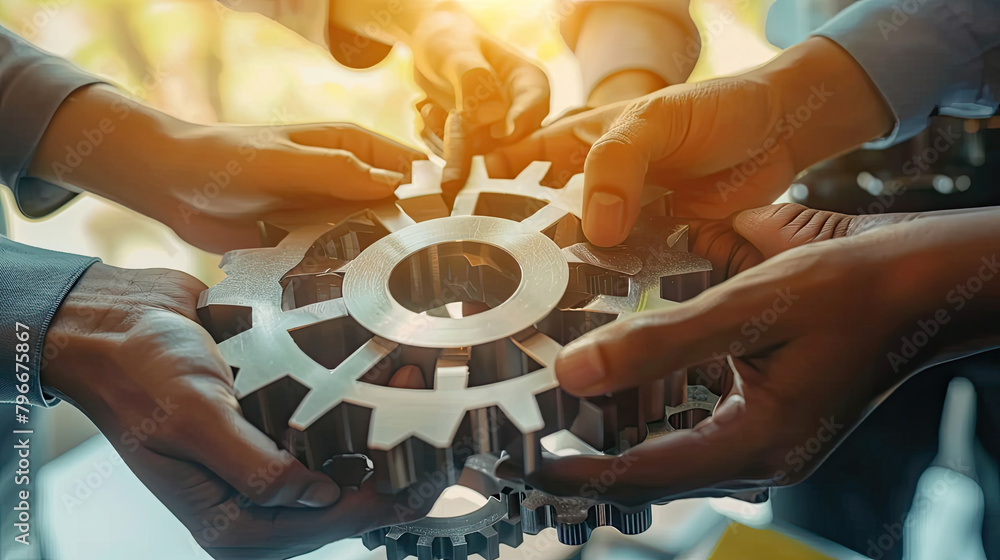 Settings, gear icon and teamwork with business people or team together ...