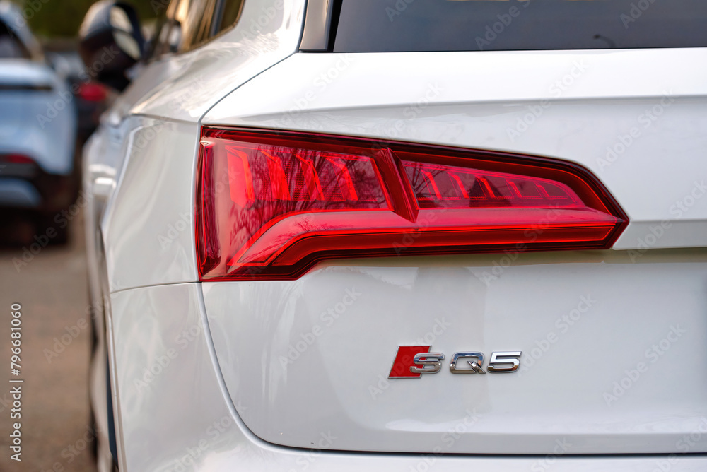 Minsk, Belarus. Apr 12, 2024. AUDI LED tail lights closeup. White Audi ...