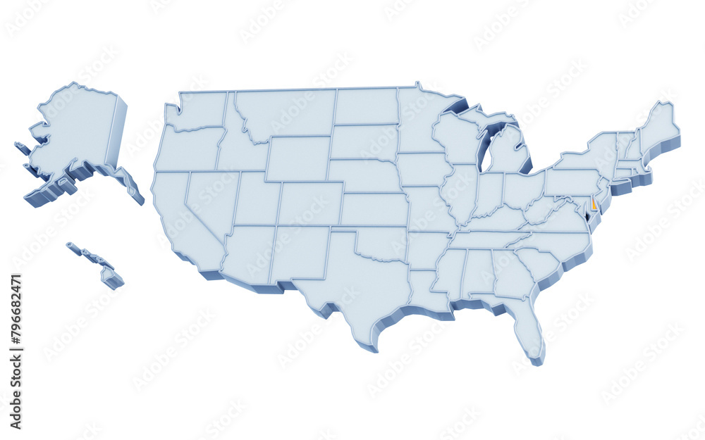 State of Delaware highlighted in golden yellow on three-dimensional map ...
