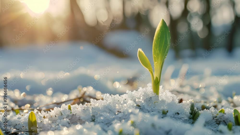 Vidéo Stock green sprout emerging from snowy frozen ground announcing ... Vidéo Stock green sprout emerging from snowy frozen ground announcing ...