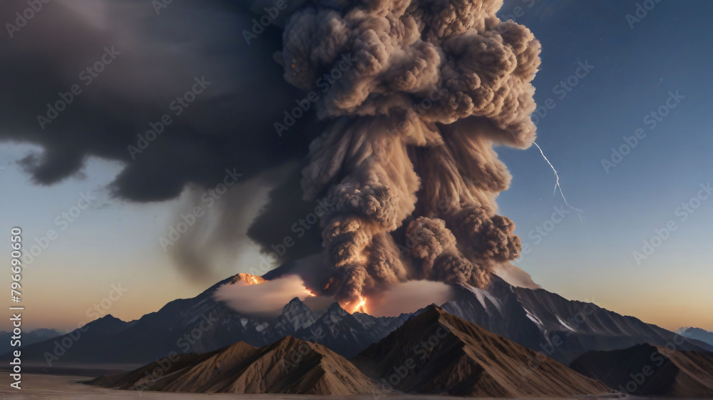 ancient volcano eruption with giant ash cloud and burst of molten lava ...
