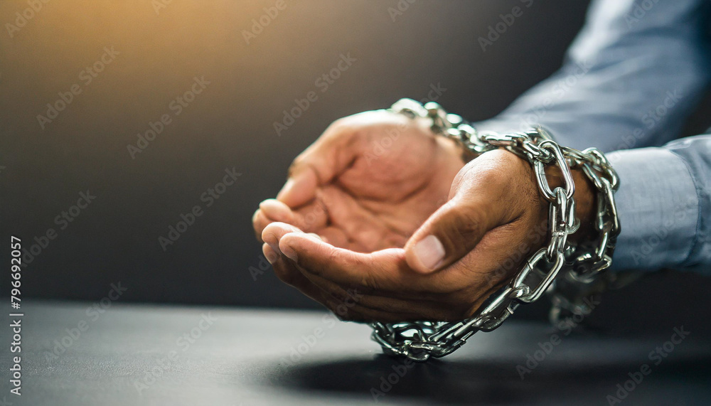 Close-up of male hands in chains against a dark backdrop, evoking ...