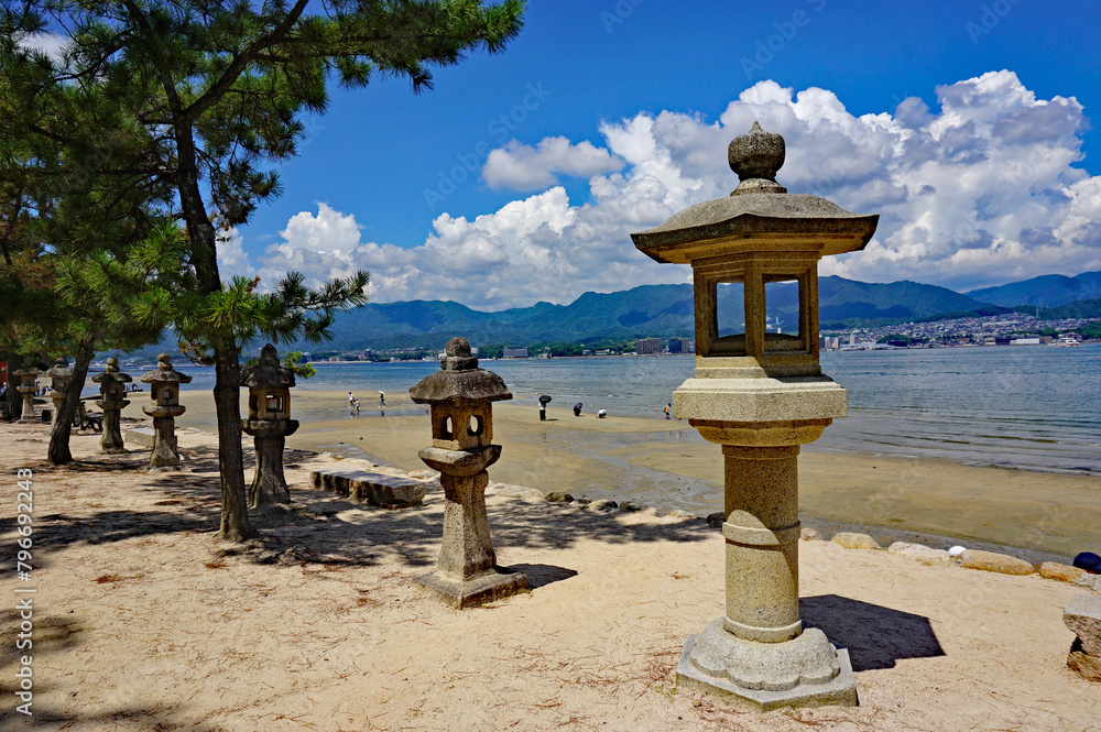 Stone lantern at Itsukushima Shrine, a world heritage site, Hatsukaichi ...