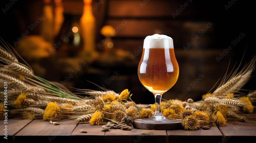 Artisanal craft beer in a tall glass, displayed on a rustic wooden ...