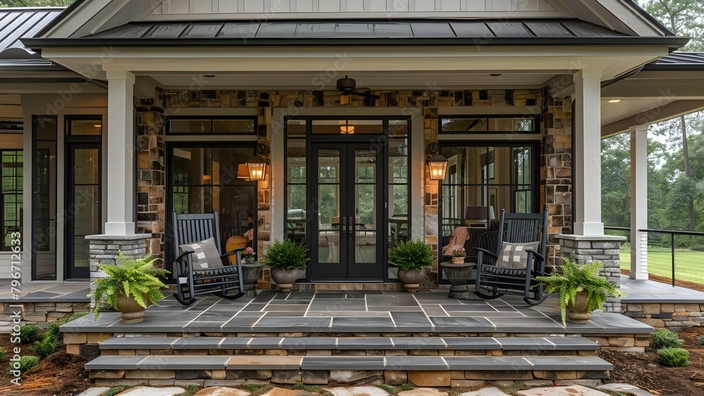 Front porch with two rocking chairs stamped concrete floors and double ...