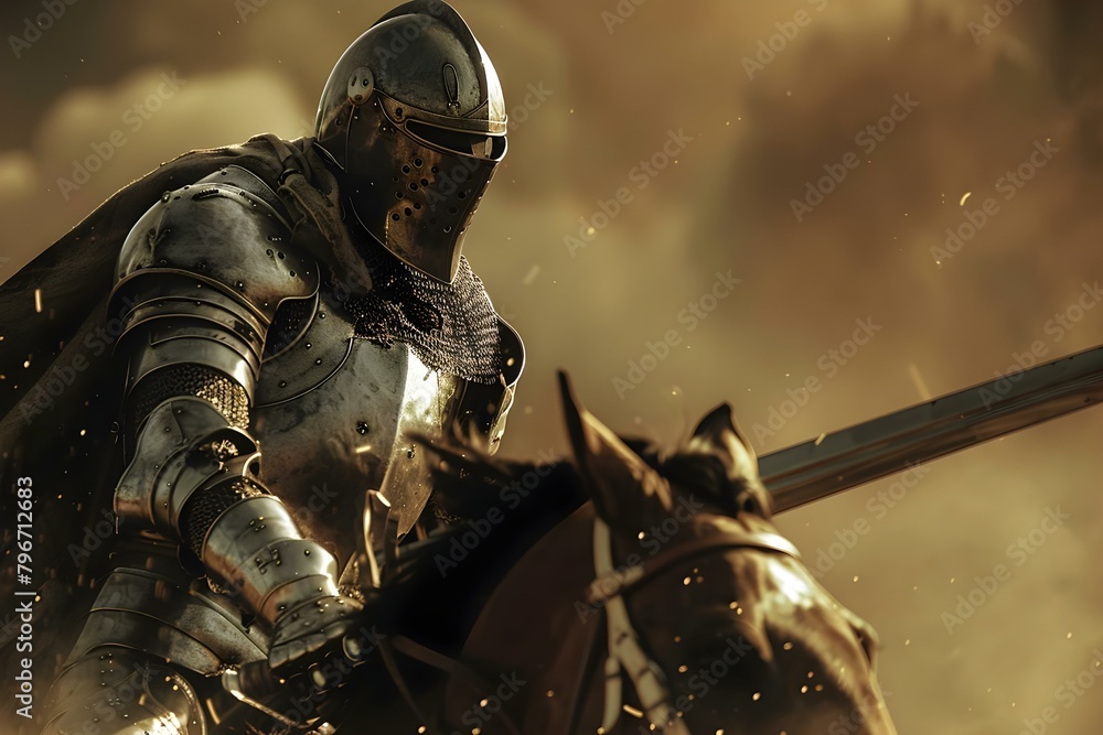 Courageous knight on horseback charging into battle with sword and ...