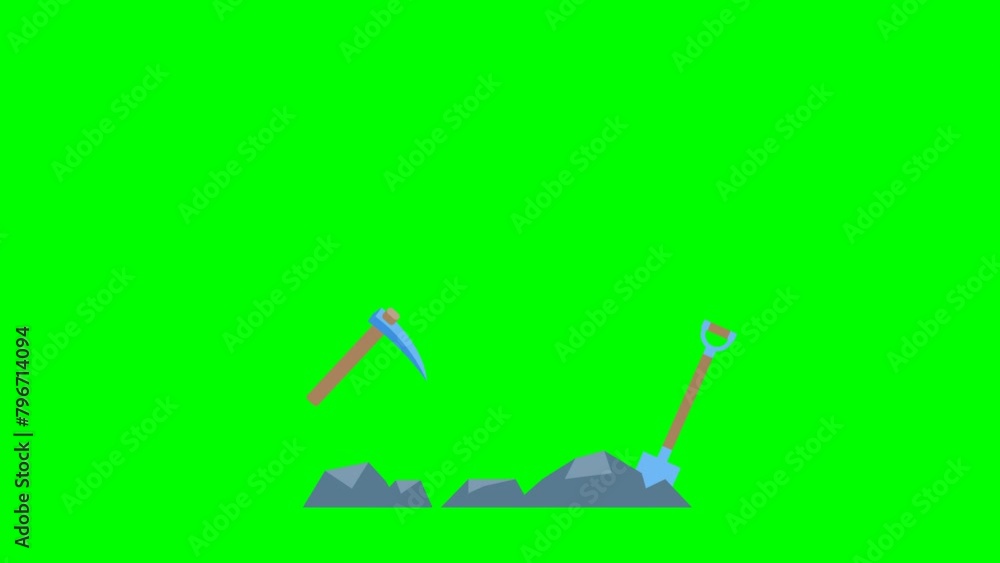 Shovel and pick take turns hitting the rock. Shovel and pickaxe with ...