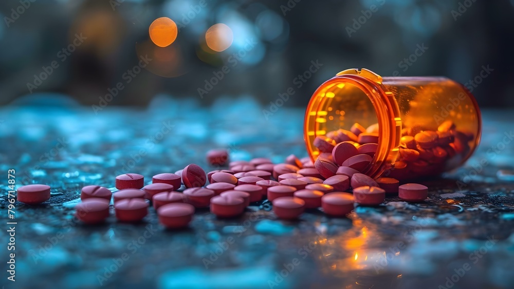 Compelling image of opioids spilling from bottle against dark backdrop ...