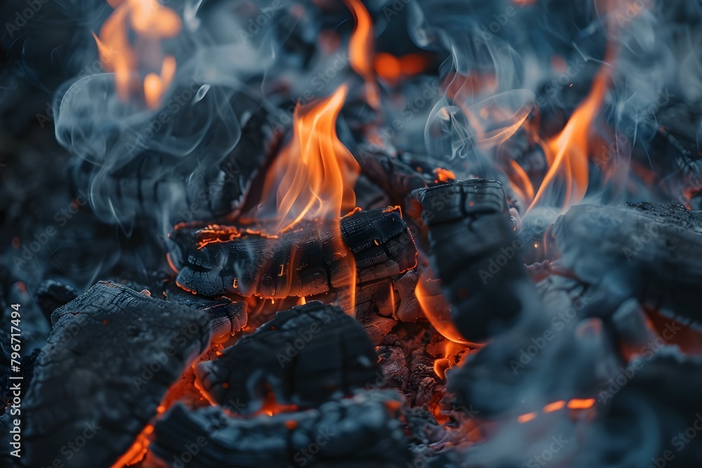 Extreme close-up shot capturing flames and smoke from a fire. Concept ...