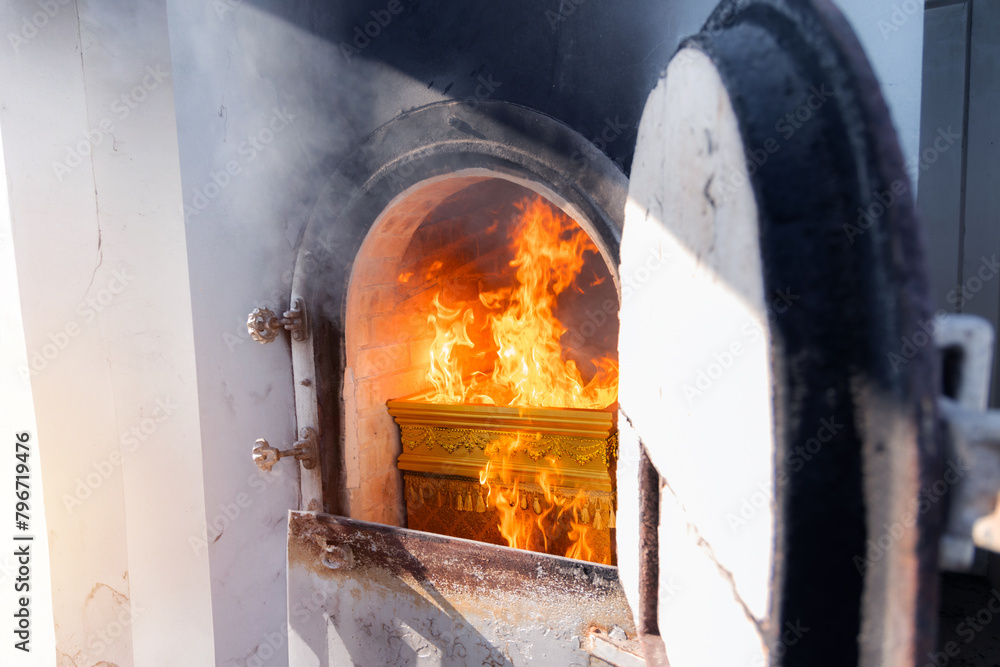 Poster Crematorium door open with flame on coffin from cremate funeral ...