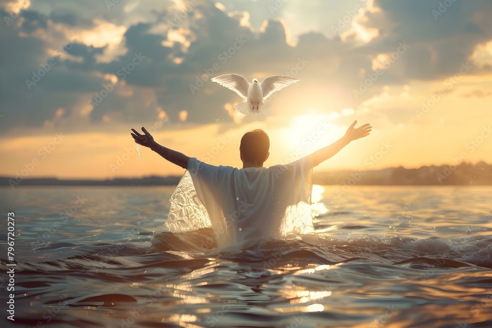 "Jesus Standing in Water with Outstretched Arms and Dove Flying Above ...