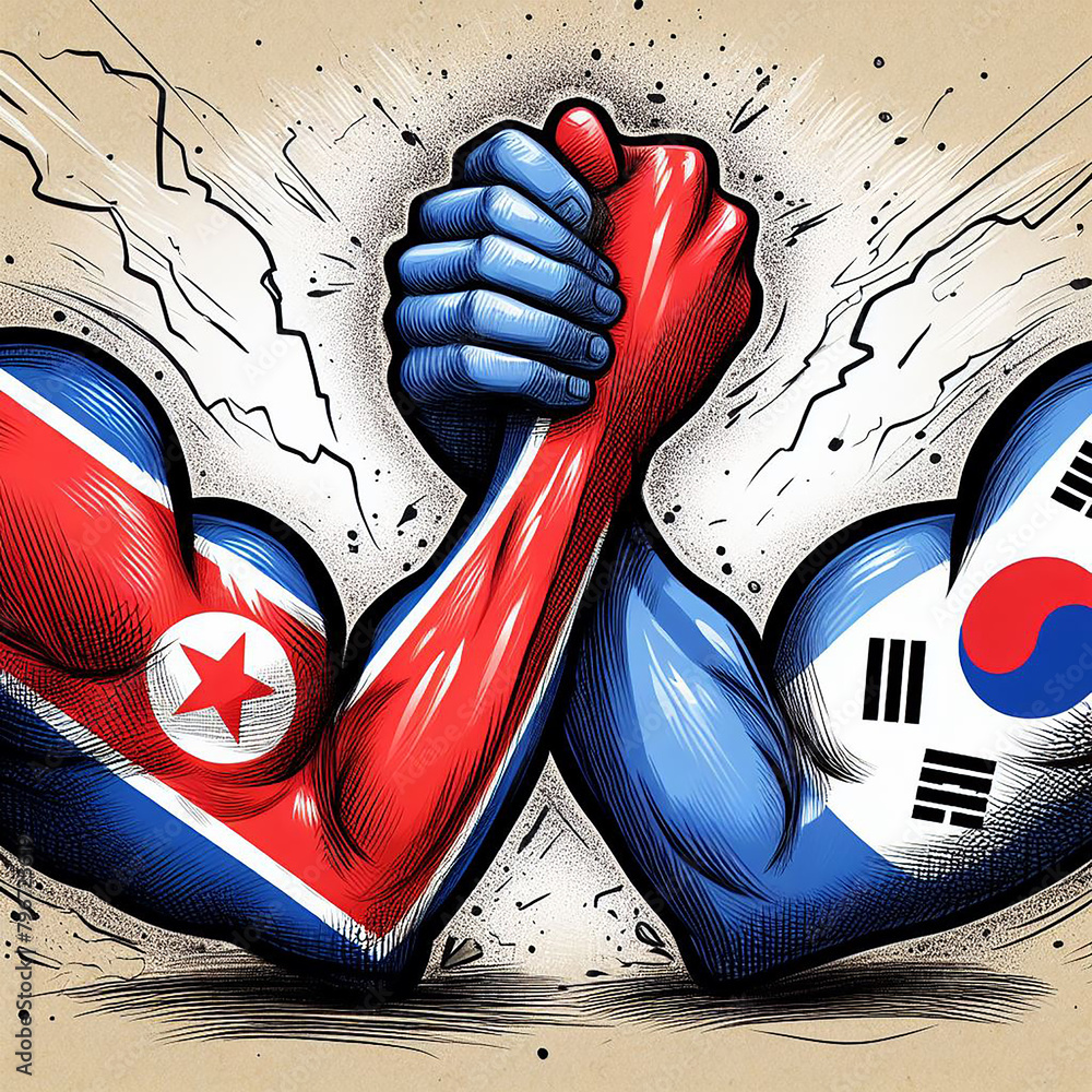 North Korea and South Korea forces, arm wrestling illustration, NK and ...