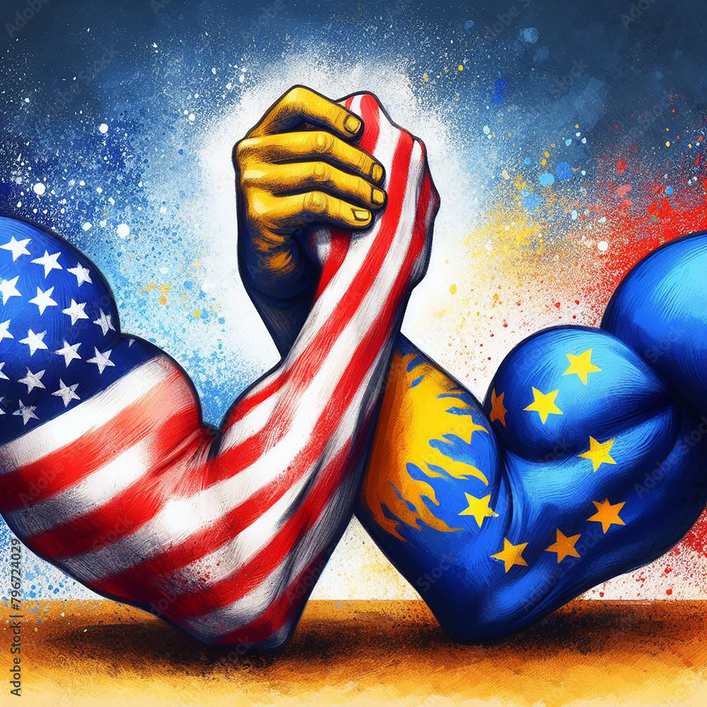 USA and NATO arm wrestling flags, strong muscles, conflict, art ...