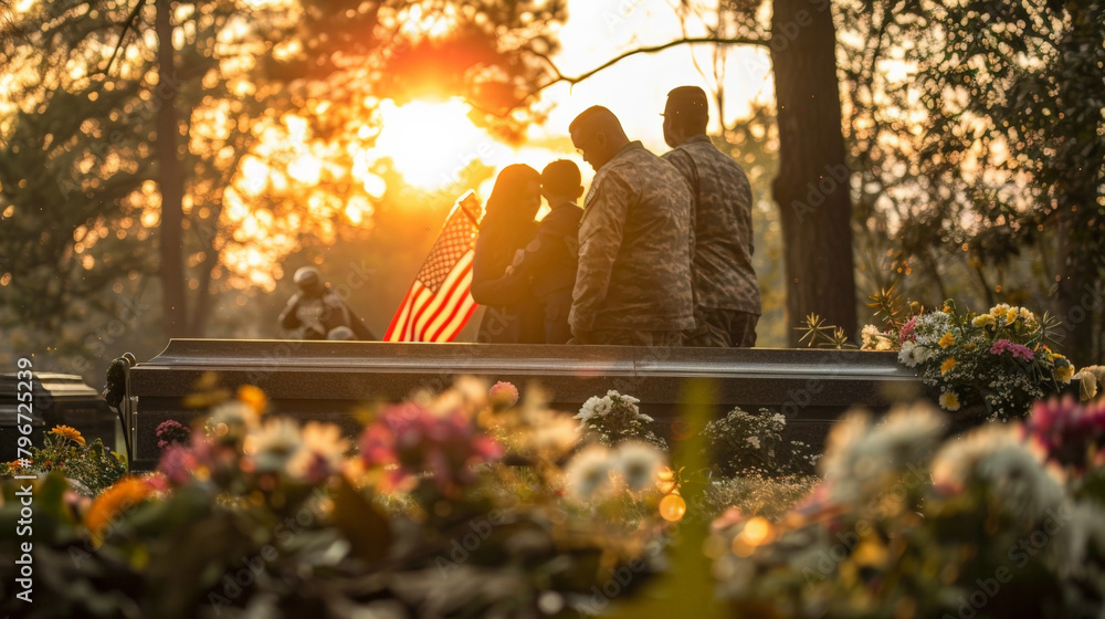 lCose-up shot of a solemn moment on Memorial Day, a military family ...