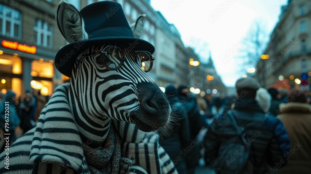 Fashionable zebra strides through city streets in tailored elegance ...