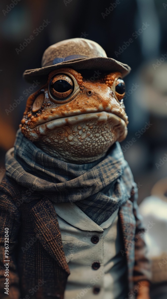 Dapper toad hops through city streets in tailored splendor, epitomizing ...