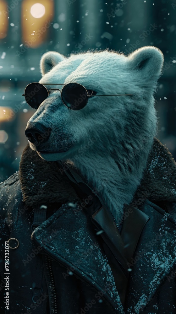Sophisticated polar bear navigates city streets in tailored splendor ...