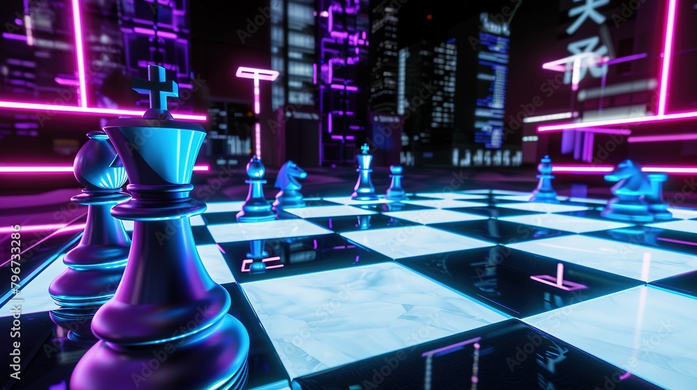 digital chess board dark background, neon lights, cyberpunk ...