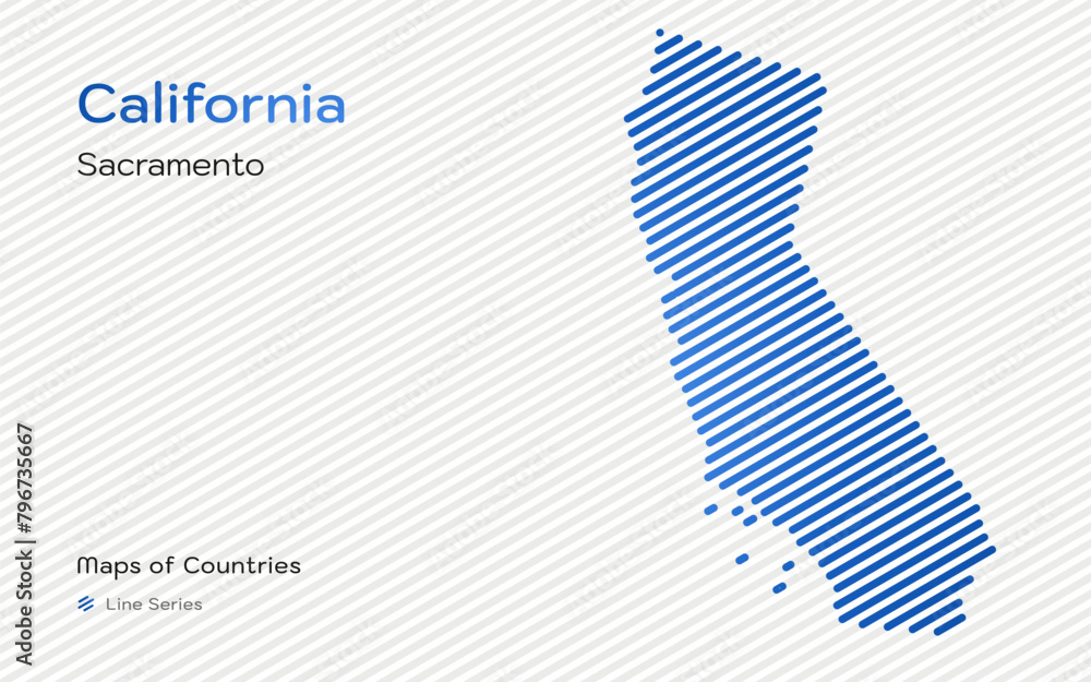 California Map with a capital of Sacramento Shown in a Line Pattern ...