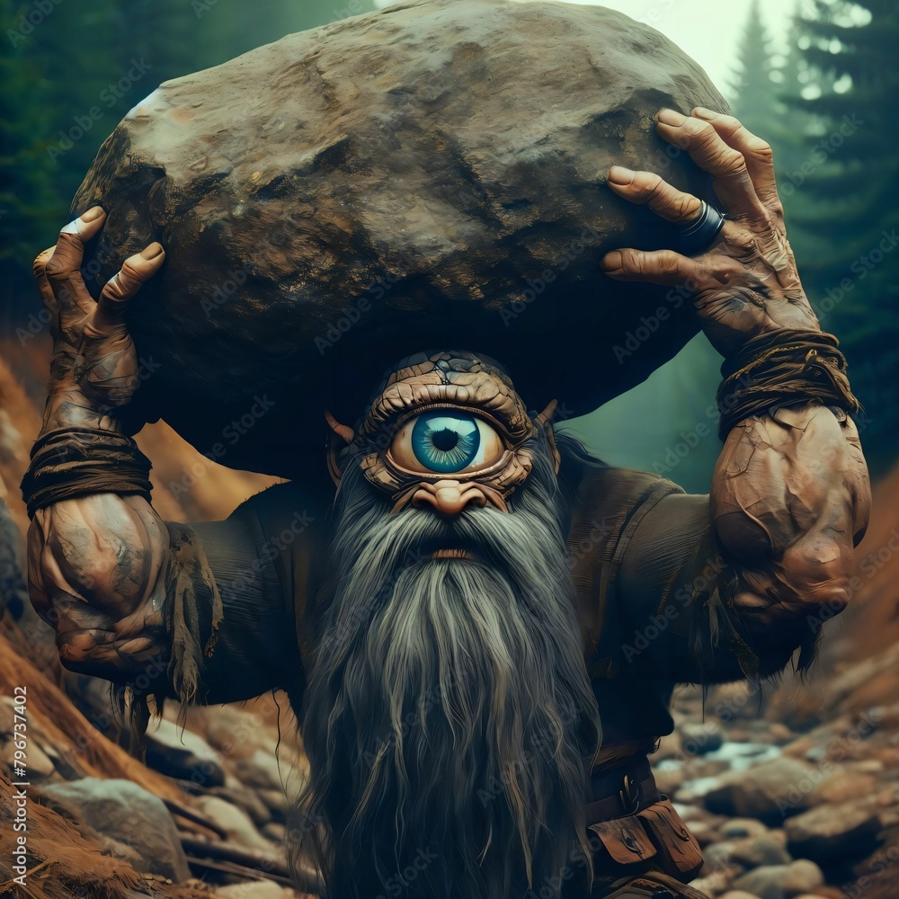 A one-eyed Cyclops from ancient Greek mythology. The Cyclops is holding ...