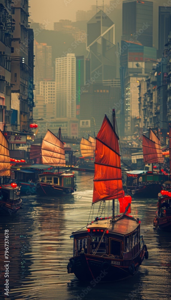 Dynamic harbor view cargo ships, sailboats, and city skyscrapers in a ...
