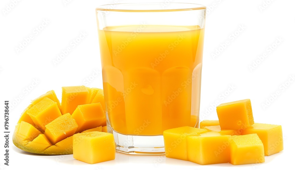 Mango juice in glass with mango cubes isolated on white background ...