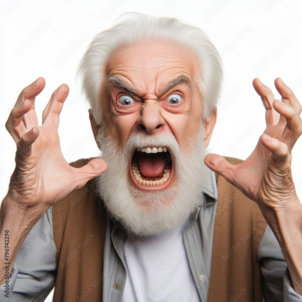 angry old man with open mouth waving his hands on a white background ...