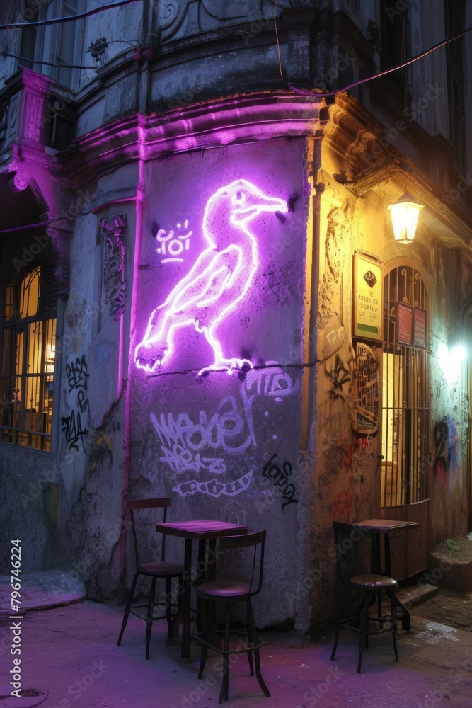 b'A purple neon raven street art on a building corner at night' Stock ...