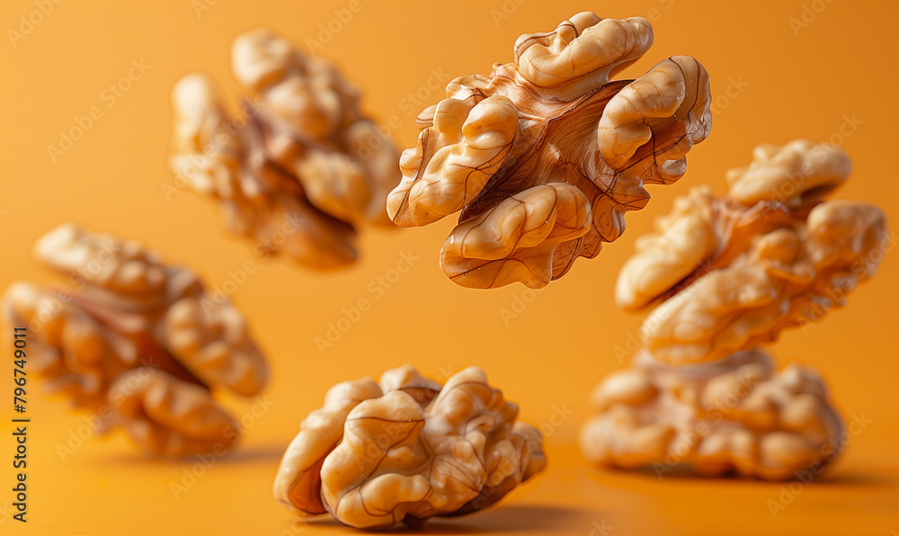 Realistic walnut nuts falling in explosion splash for snack package or ...