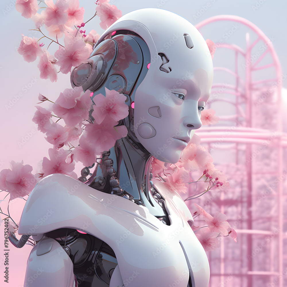 Robot Inteligencia artificial en un paisaje futurista rodeado de flores ...