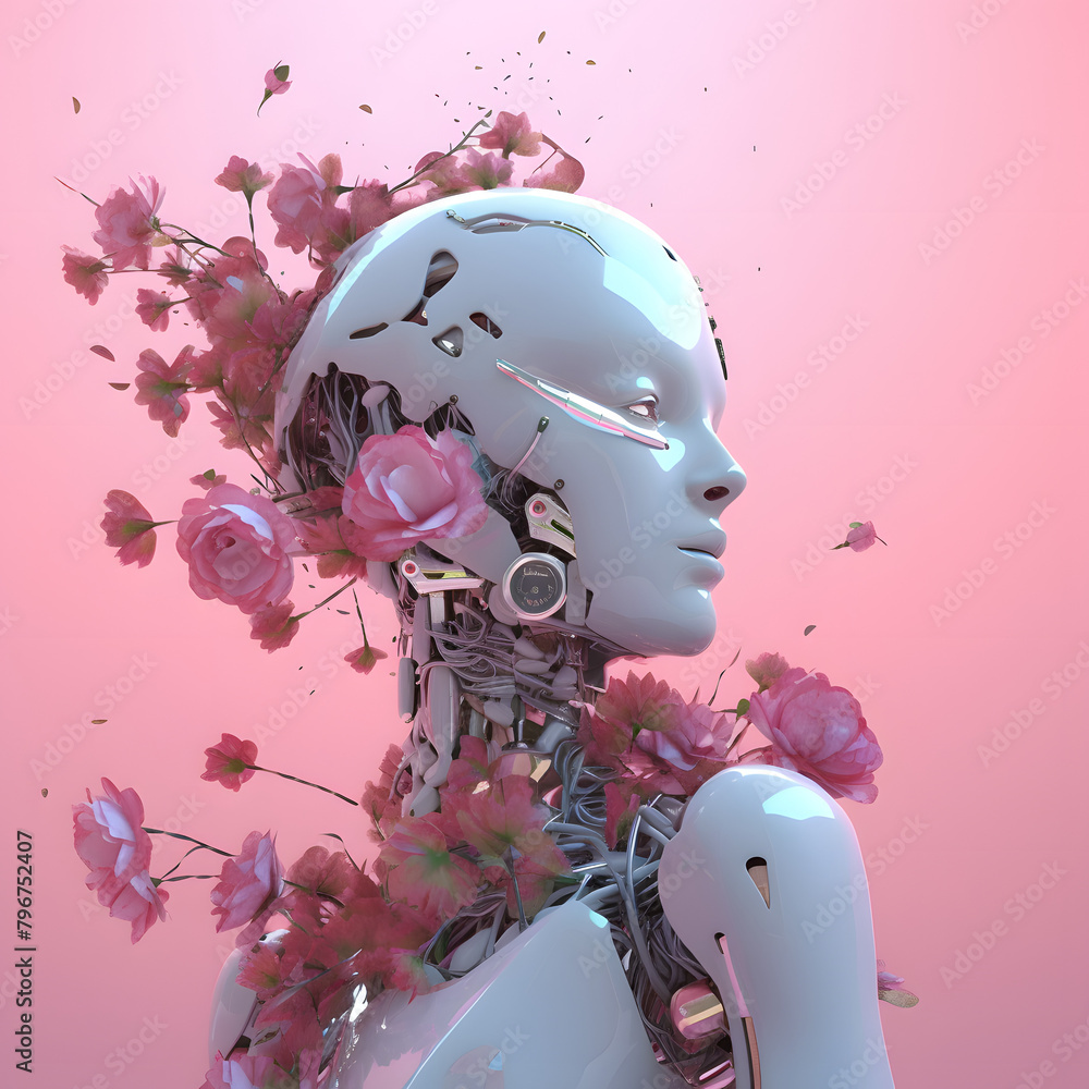 Robot Inteligencia artificial en un paisaje futurista rodeado de flores ...