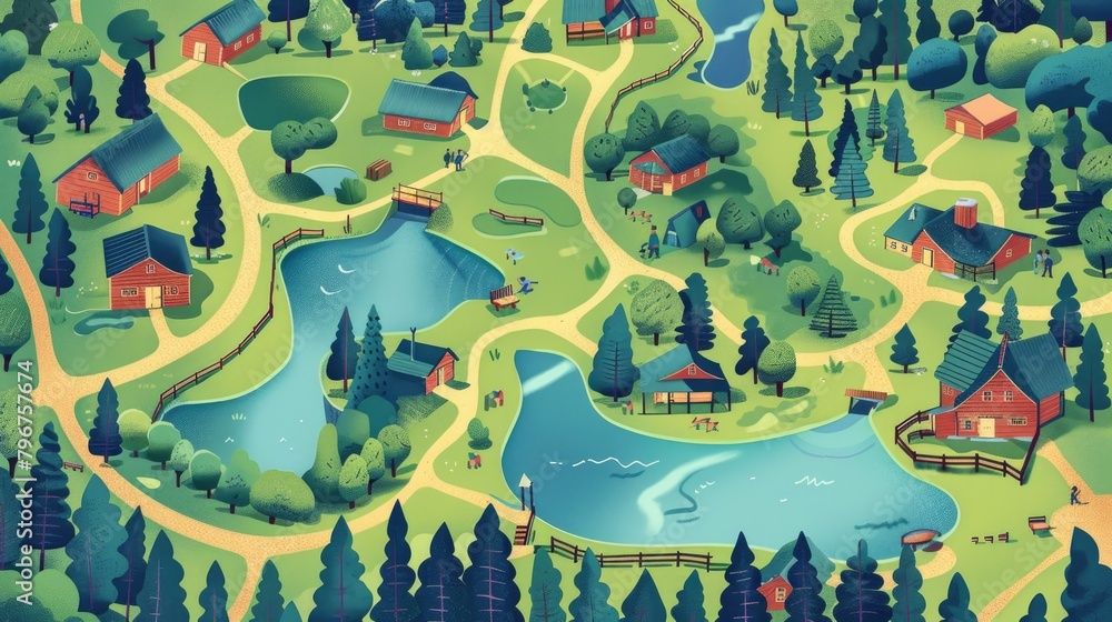 Cartoon map of a summer camp with trails, lakes, and cabins Stock ...