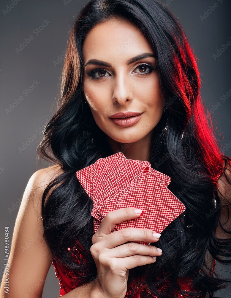 Gorgeous black hair woman displaying a chic smile and holding her dealt ...