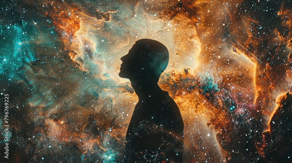 Abstract design of a human silhouette shadow overlaying a galaxy scene ...