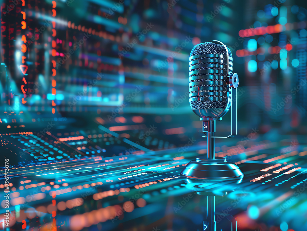 A microphone is placed on a desk with a colorful background. The ...