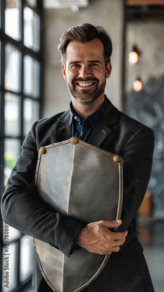 Smiling employee in combative body pose with extended arm, holding a ...