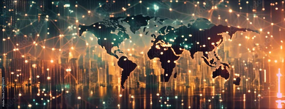 Global Network: Map with connecting lines, screens with landmarks ...