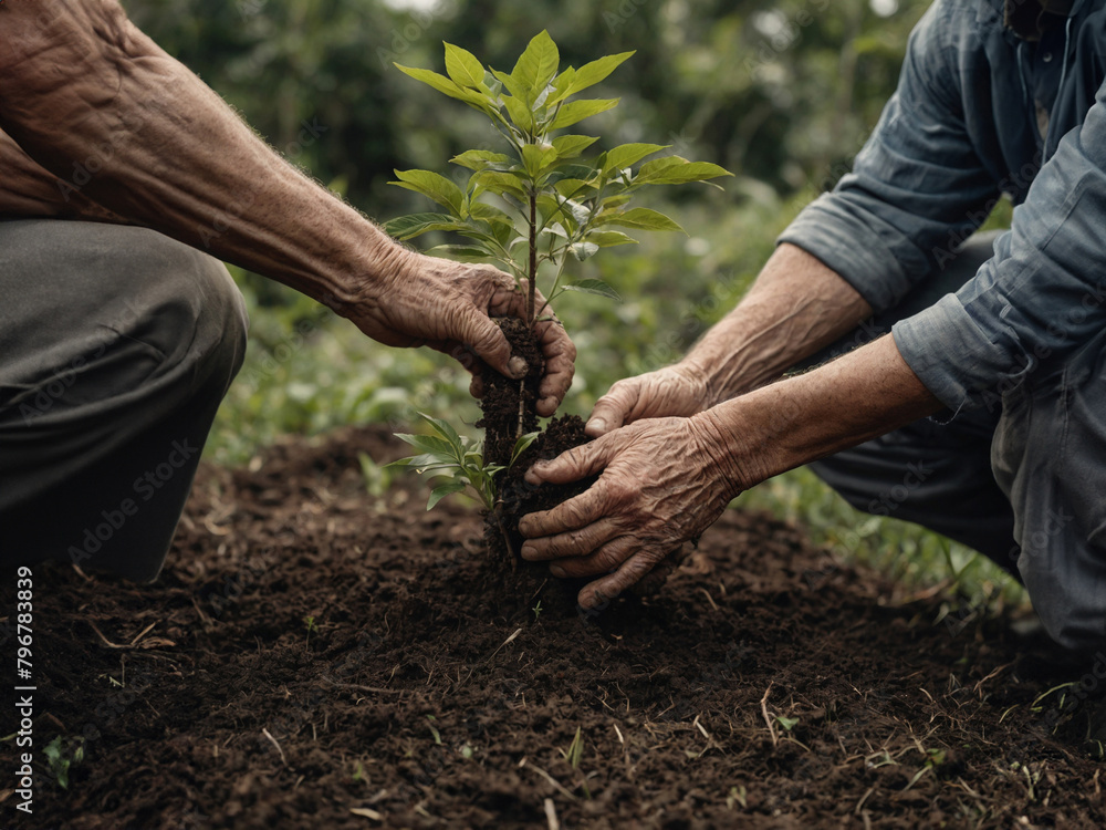 Real photo, old man's hands planting a tree, cinematic effect Stock ...