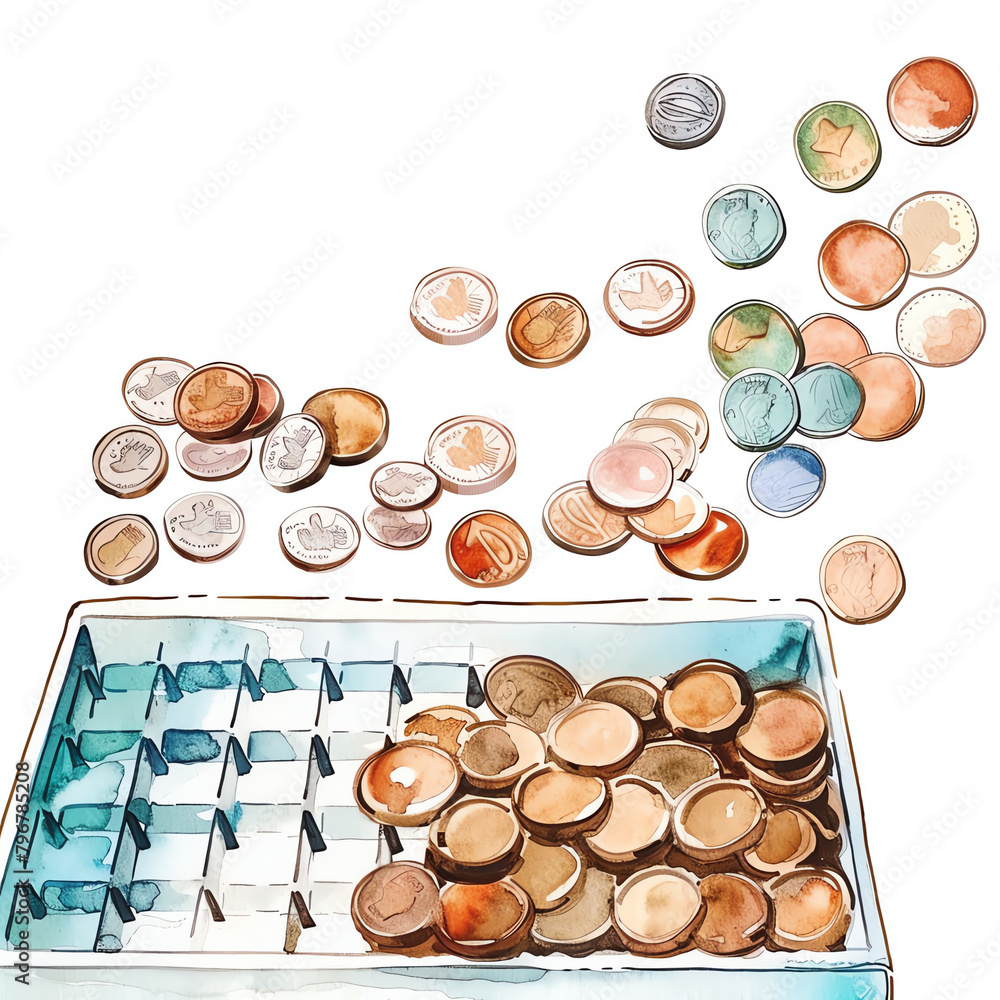 Minimalistic watercolor illustration of coin counters and sorters on a ...