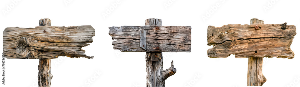 Set of direction indicators made of old wood isolated on white or ...